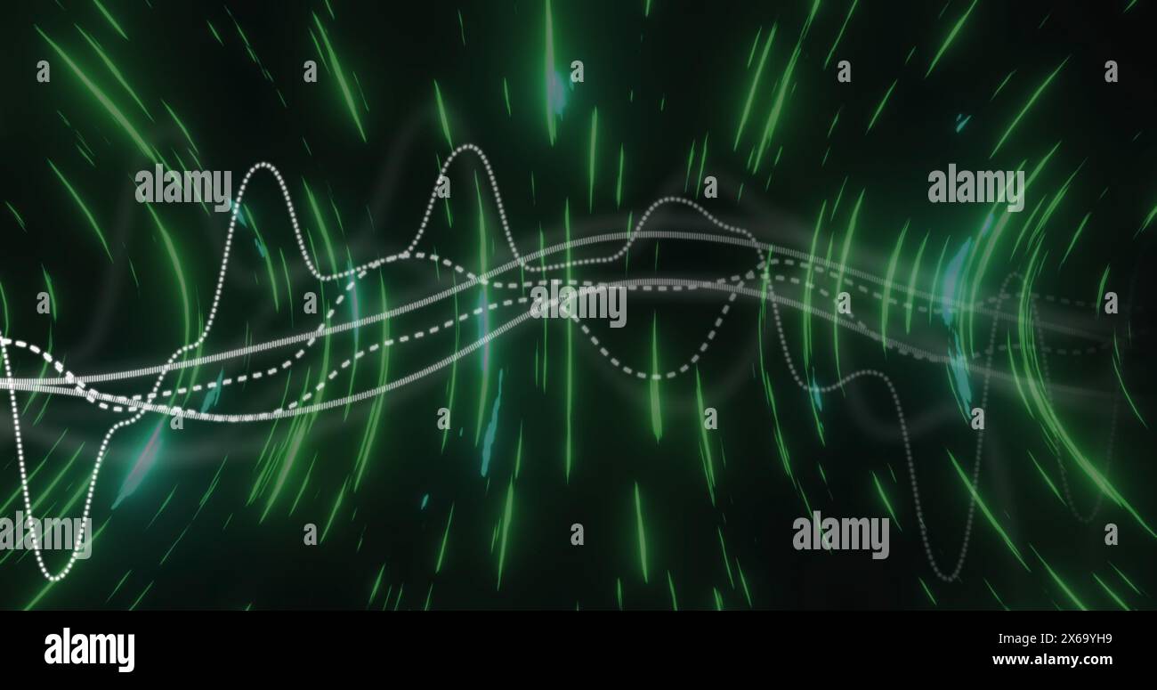 Image of data processing over neon green light trails spinning against ...