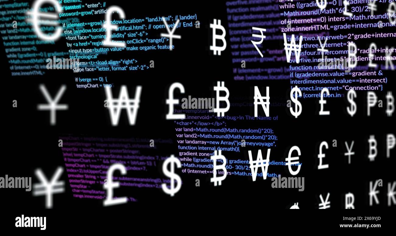 Image of multiple currency symbols over data processing against black ...