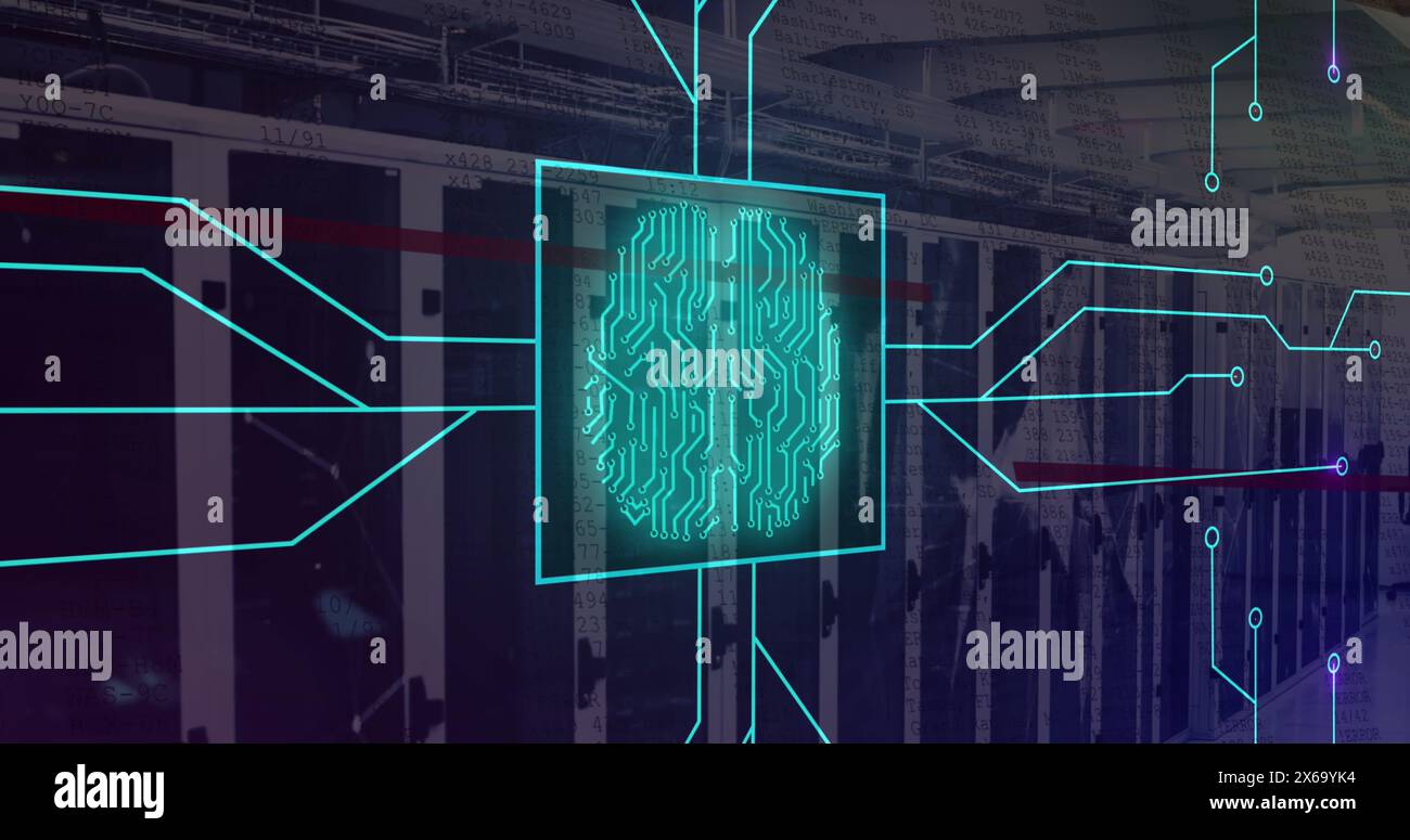 Image of illuminated circuit board pattern around brain in square over ...