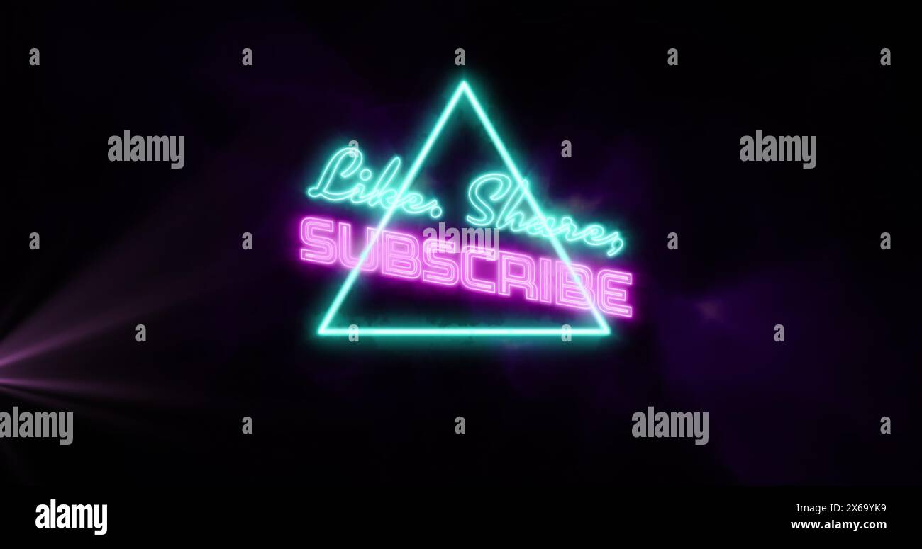 Image of neon like share subscribe texts and triangle over light trails ...