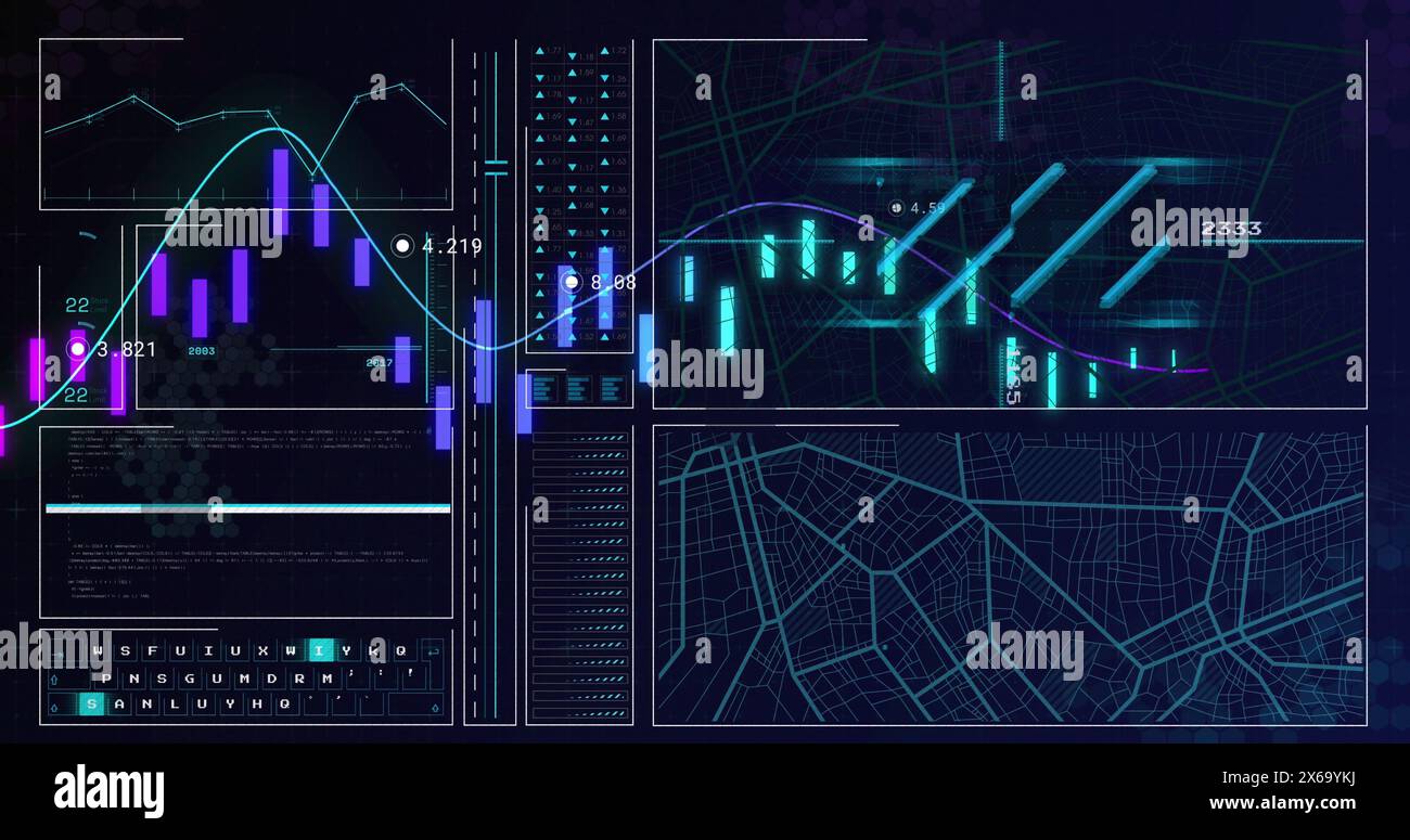 Image of interface with data processing against blue background Stock ...