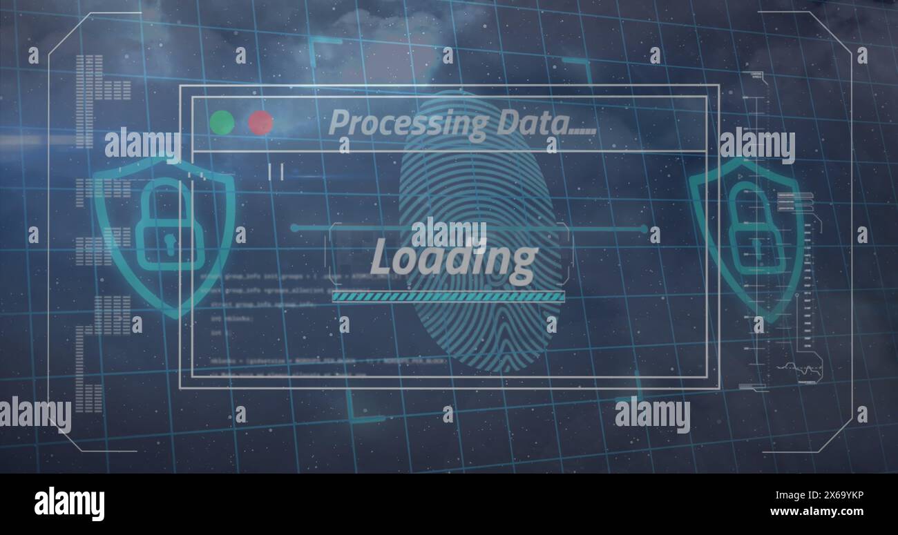 Image of interface with data processing over biometric fingerprint scanner and padlock icon ...