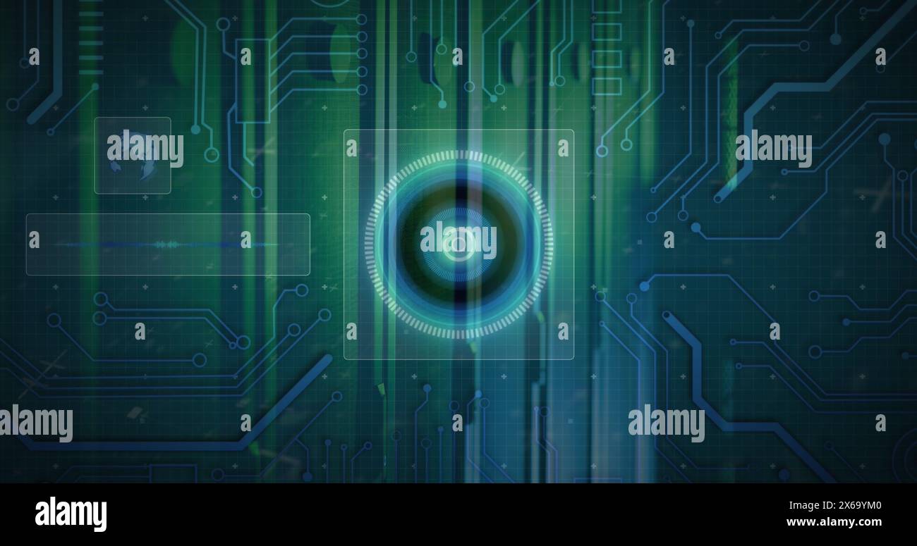 Image of circles, globe and circuit board pattern against server room Stock Photo - Alamy