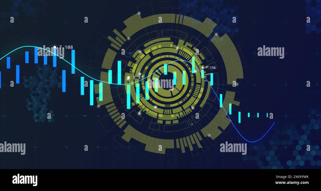Image of data processing over yellow round scanner spinning against ...