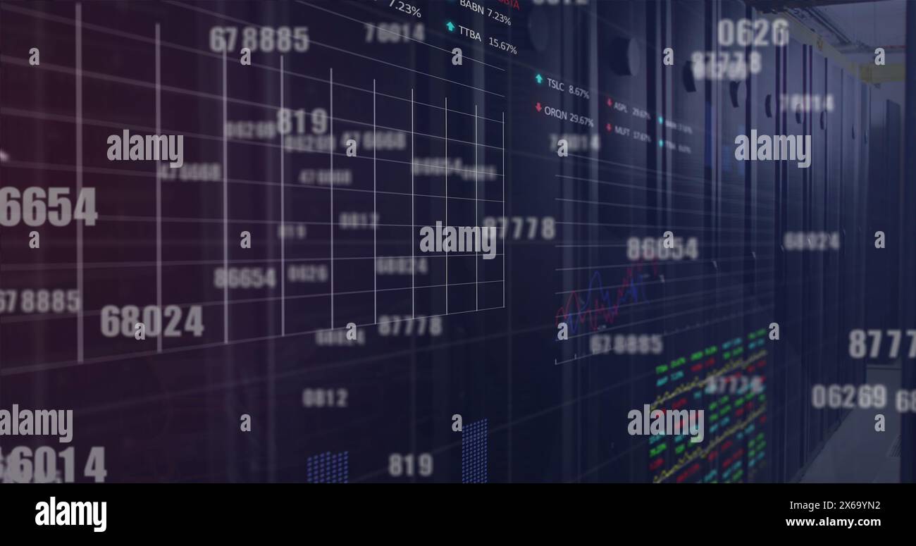 Image of changing numbers and stock market data processing against computer server room Stock ...