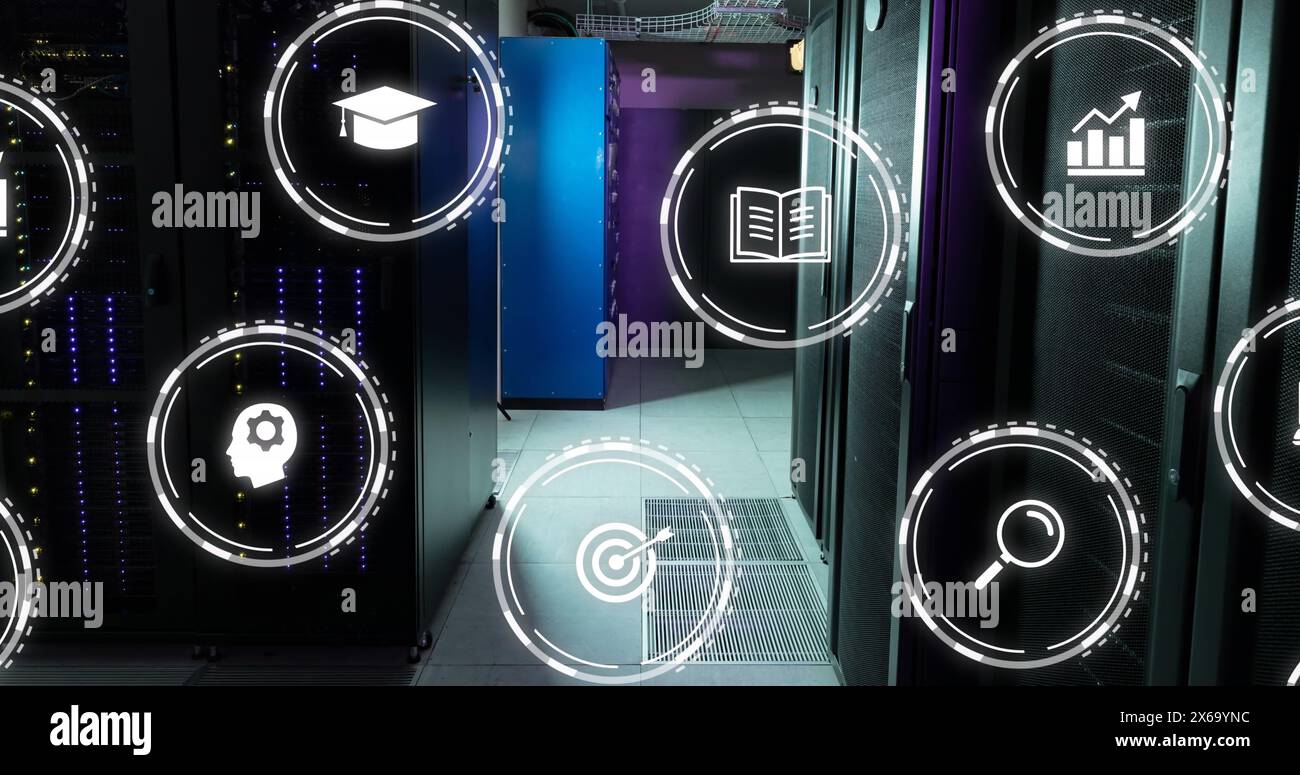 Business, media and education icons processing data over computer server room Stock Photo - Alamy