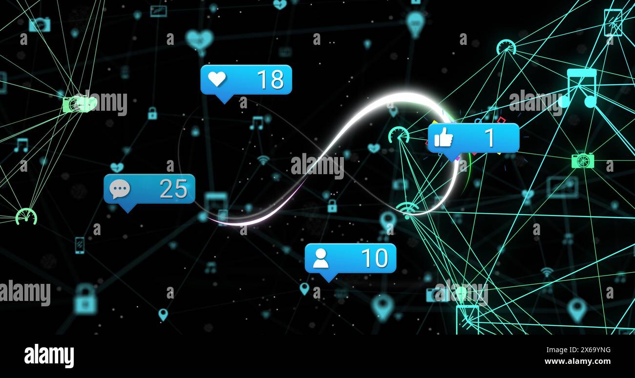 Image of social media icons and infinity icon against globes and ...