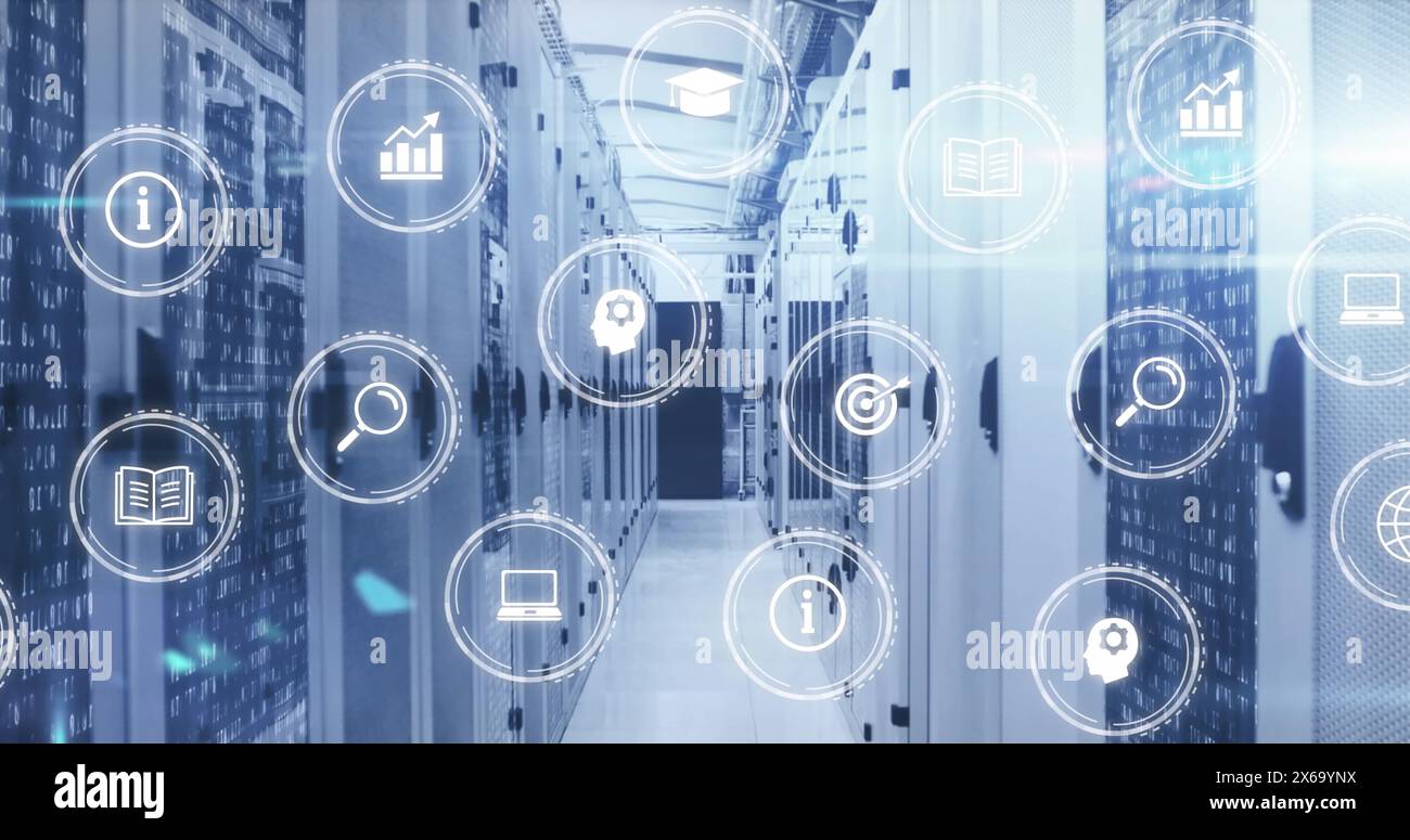 Business, media and education icons processing data over computer server room Stock Photo - Alamy