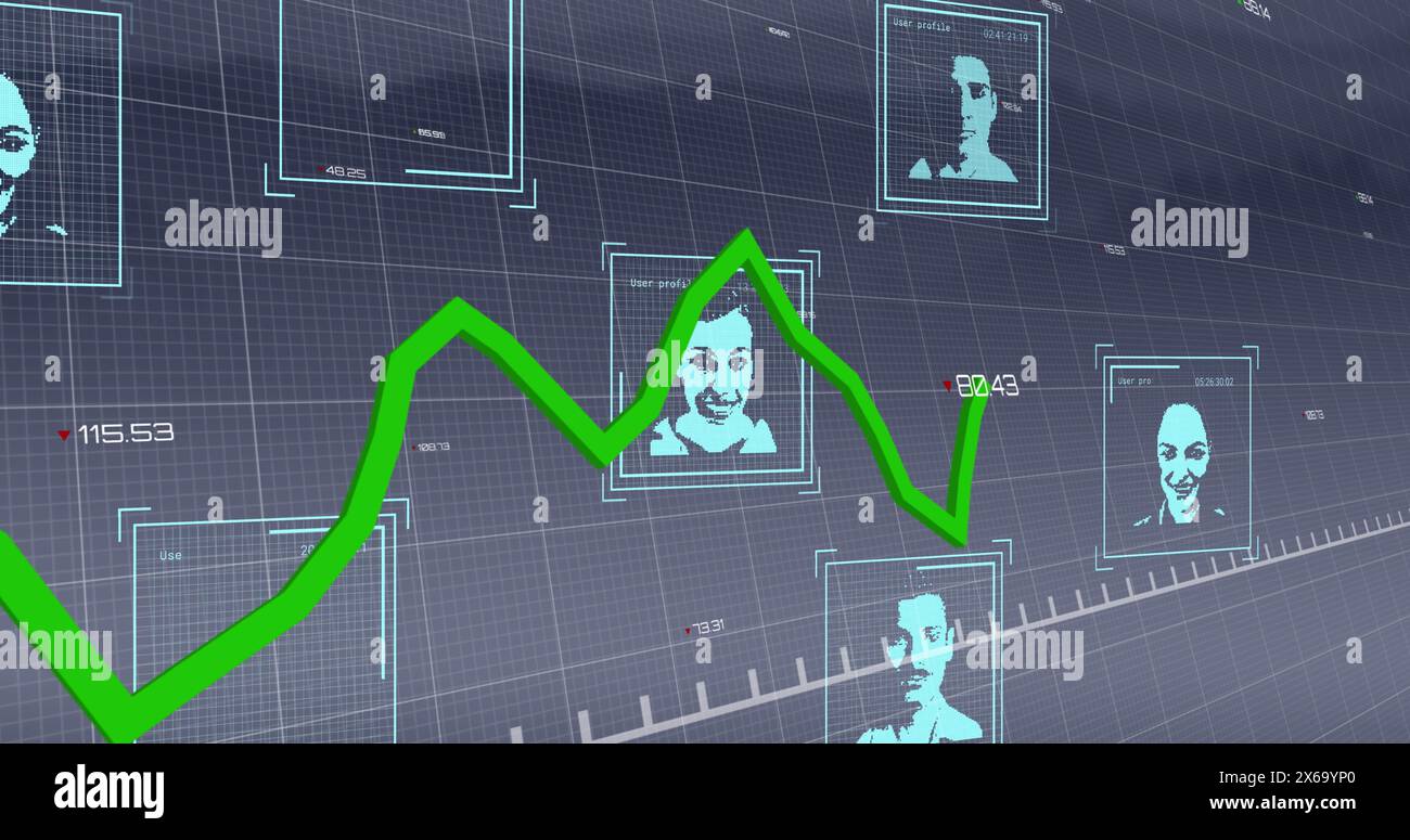 Image of green line and financial data processing over biometric photos ...
