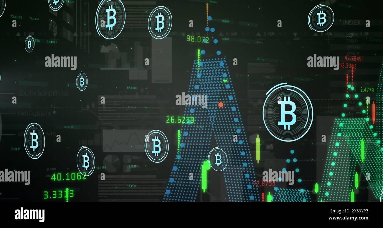 Image of bitcoin symbols over financial and statistical data processing ...