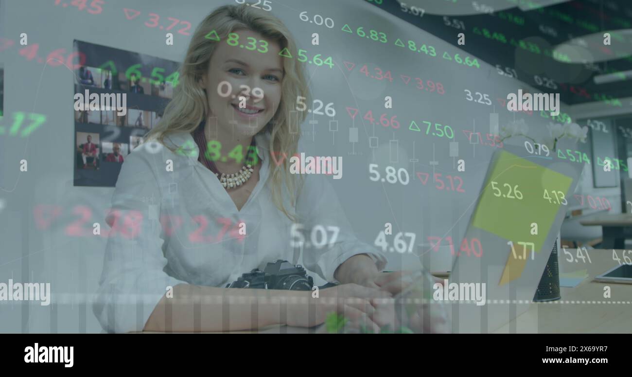 Image of stock market data processing against caucasian woman using ...