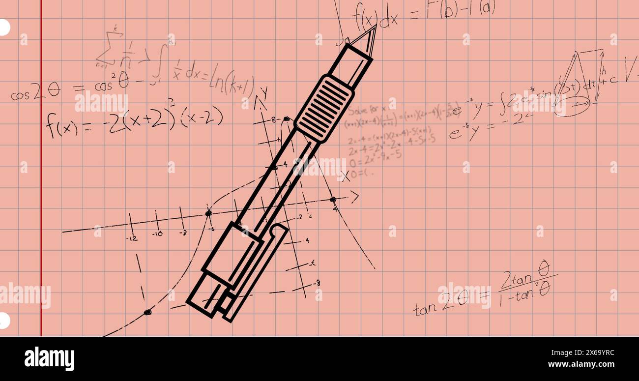 Image of mathematical equations and pen icon against square lined paper ...