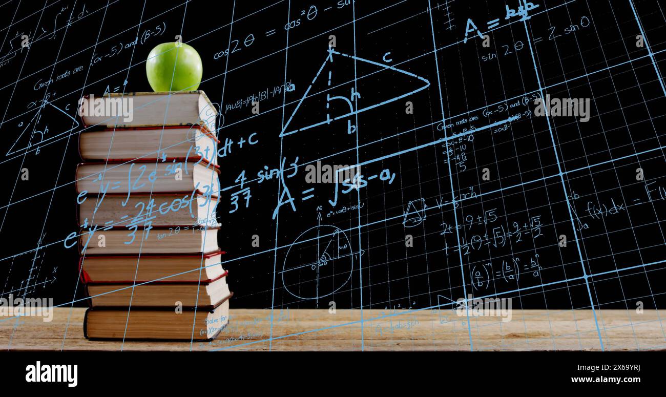 Image of stack of books and apple over mathematical equations and ...