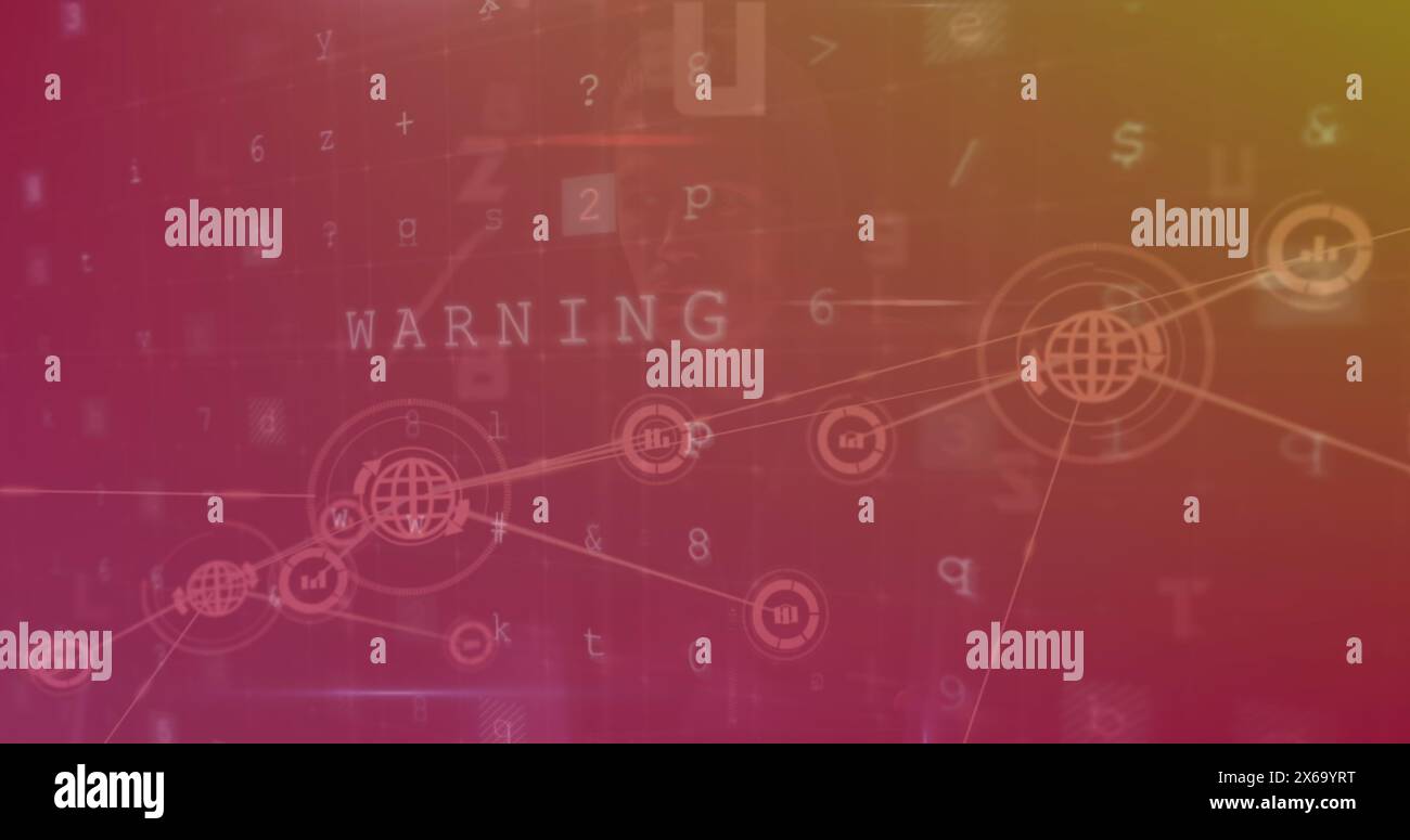 Image of connected icons over texts, symbols, letter and numbers against abstract background ...