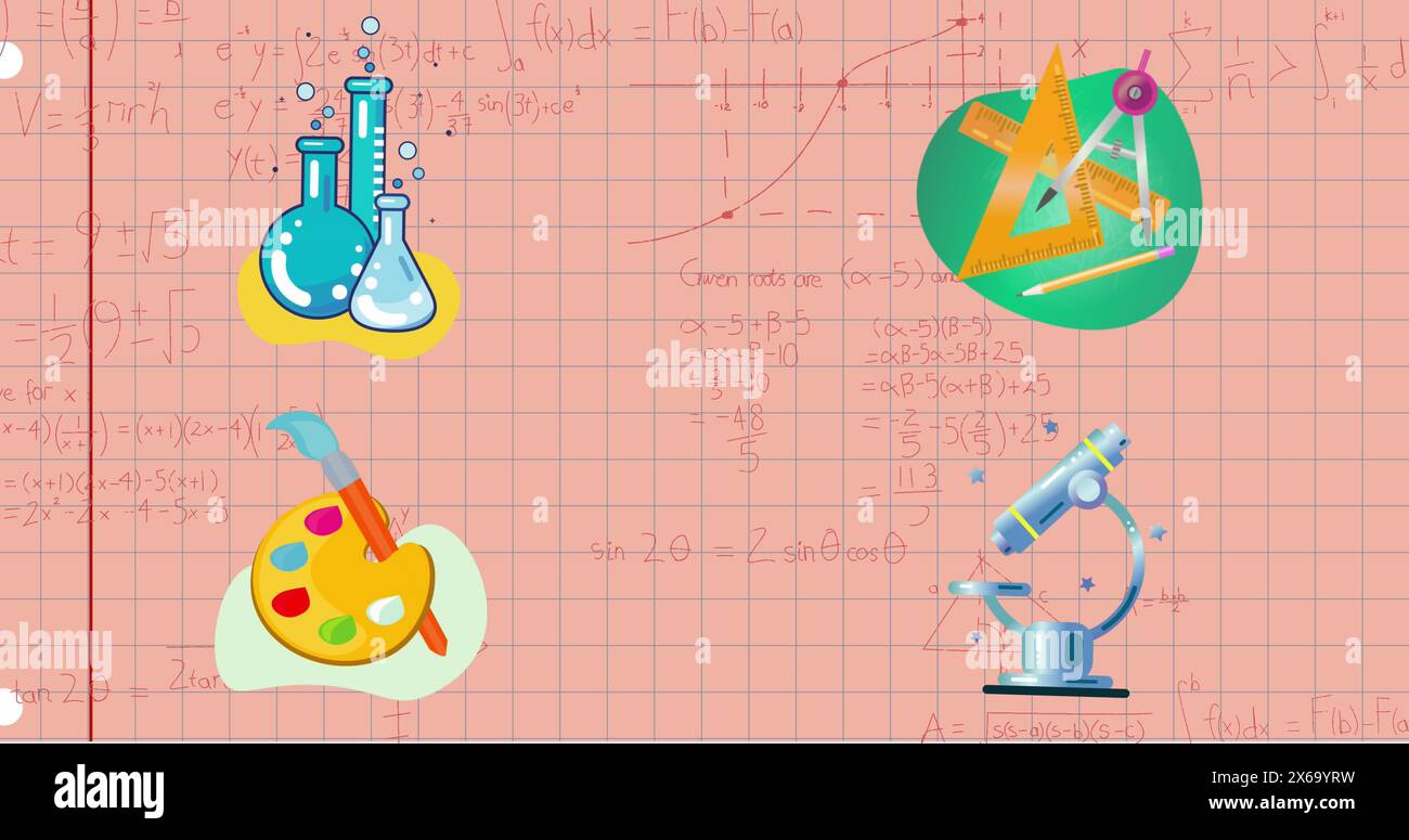 Image of school concept icons and mathematical equations on pink square ...