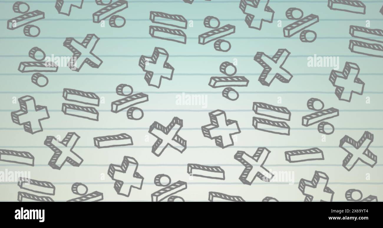 Image of multiple mathematical symbols floating against white lined ...