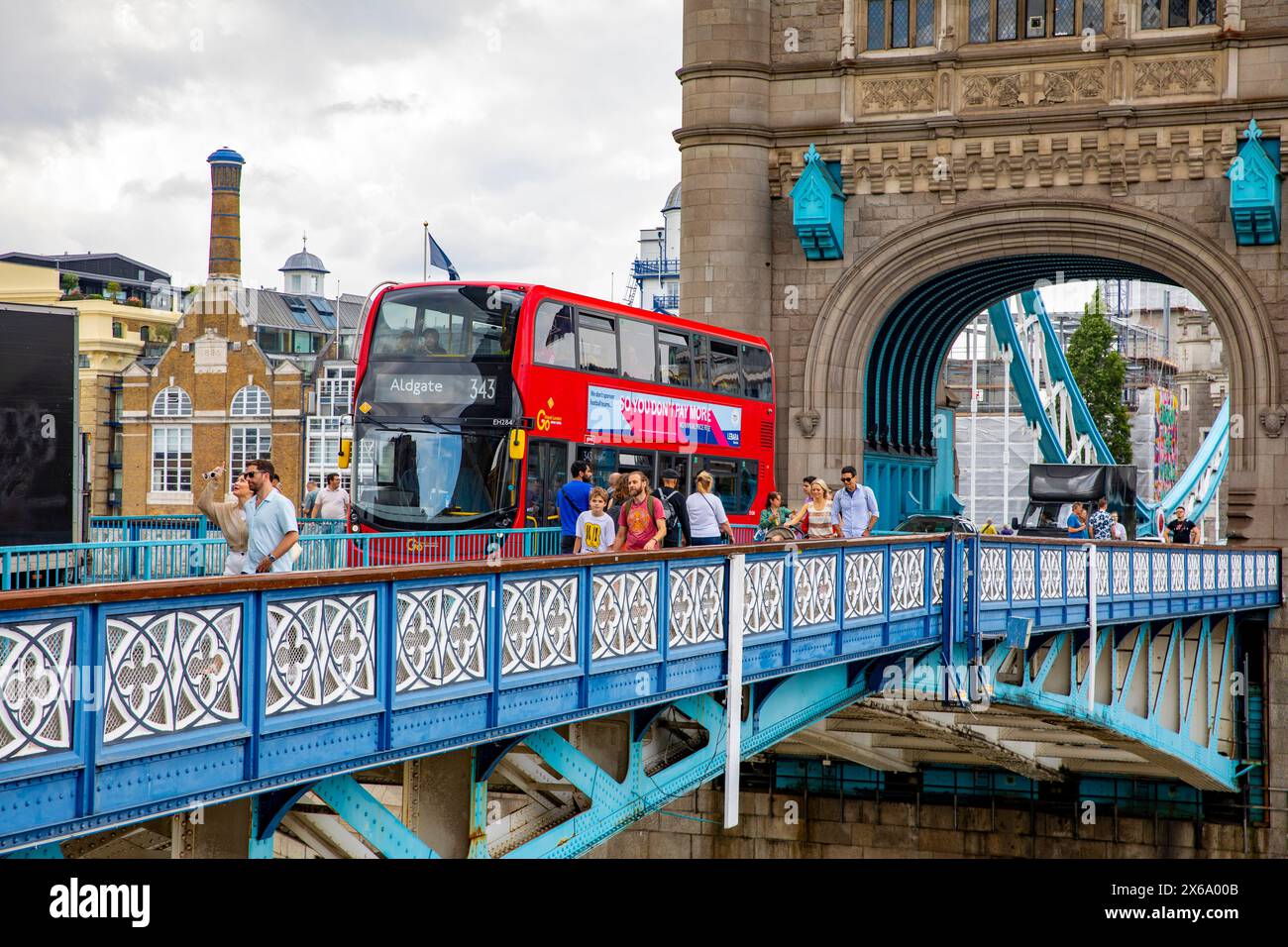 Tower Bridge London famous landmark, walkers tourists cross the bridge beside London double ...