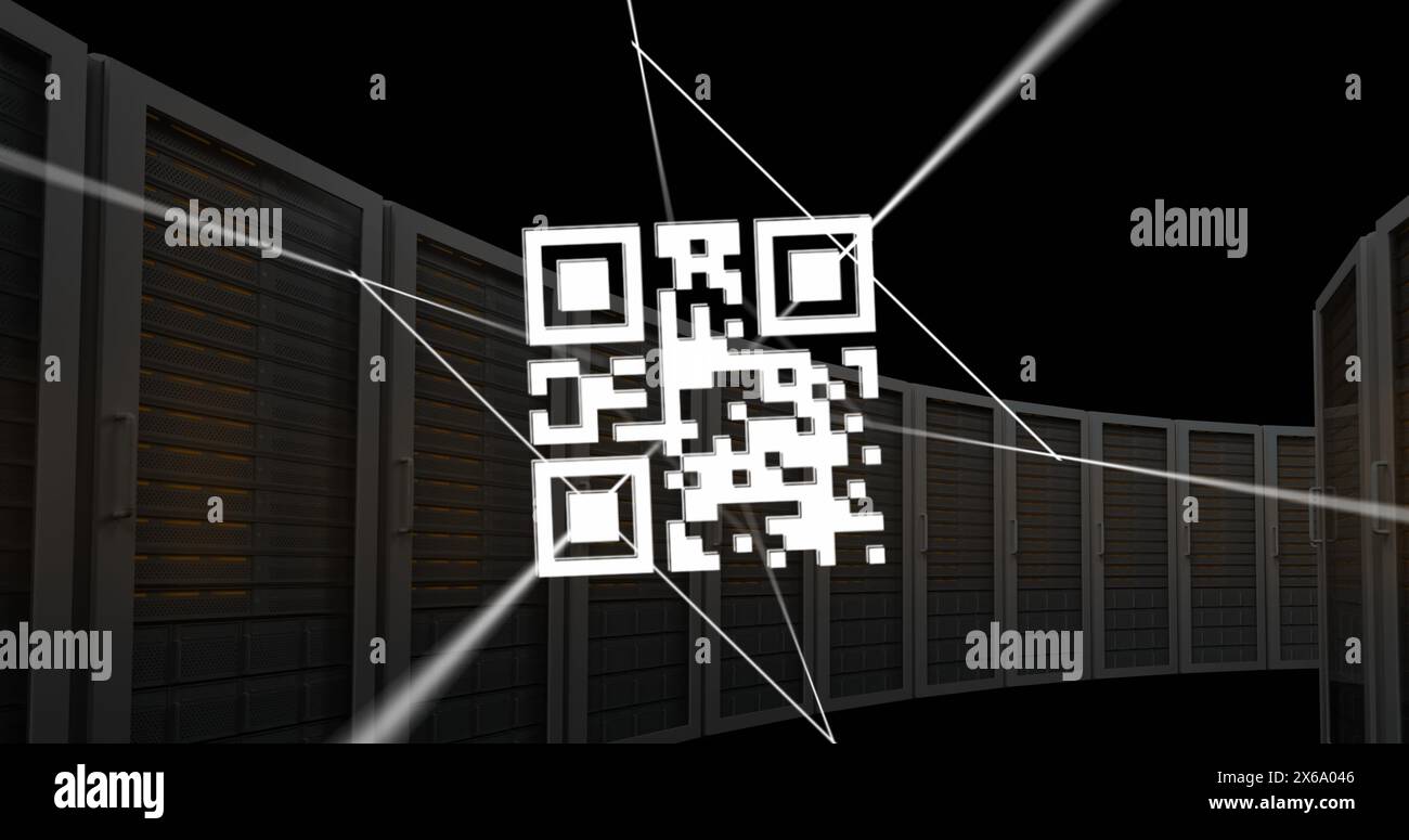 Image of qr code on lines over server system racks against black ...