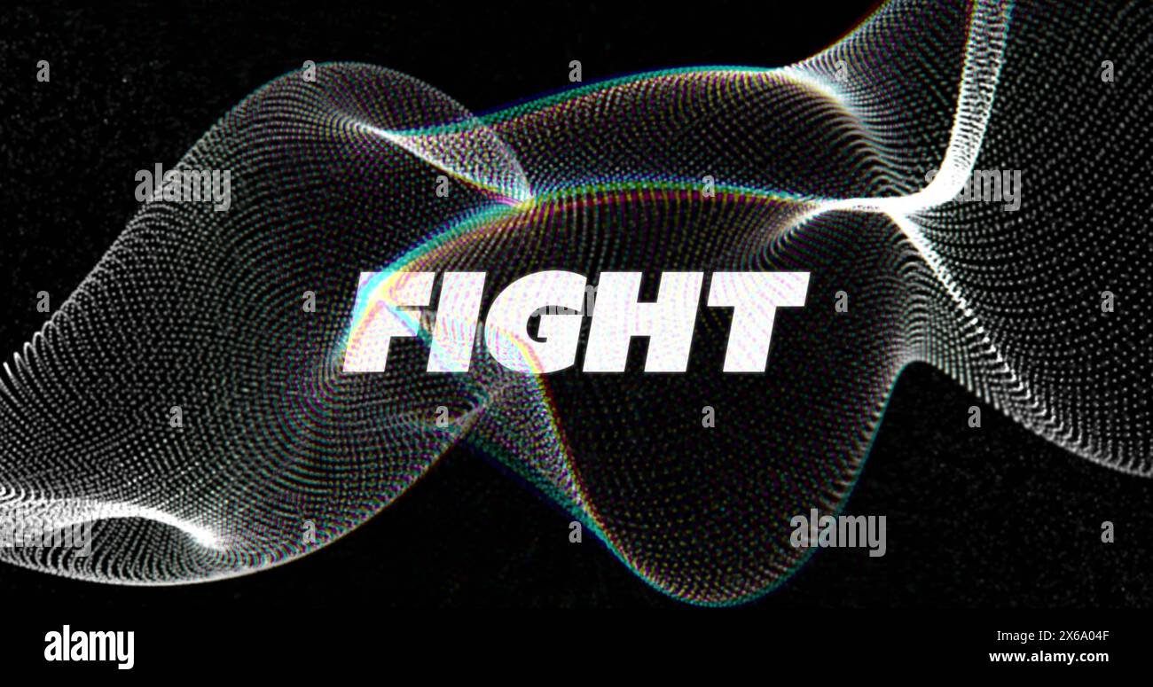 Image of fight text banner over grey digital wave against black ...