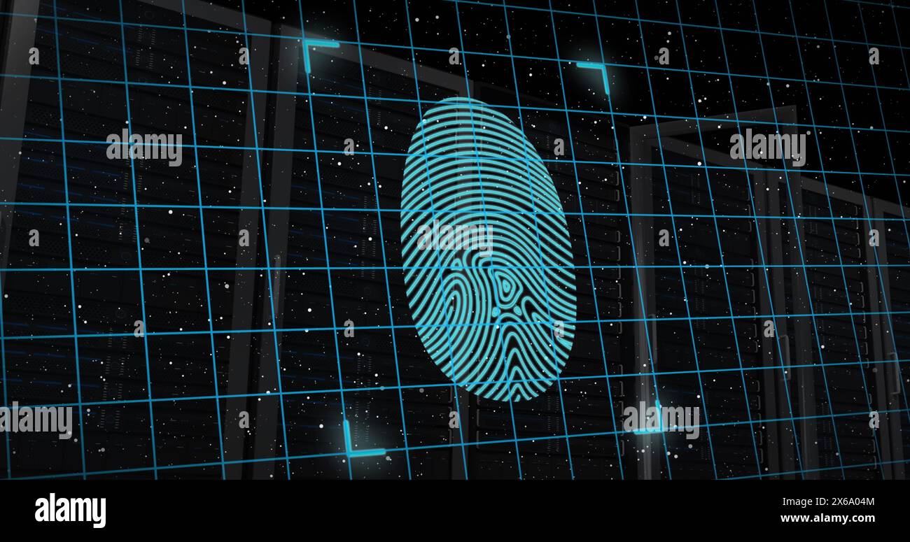 Image of fingerprint and padlock in shield with server racks over space in background Stock ...