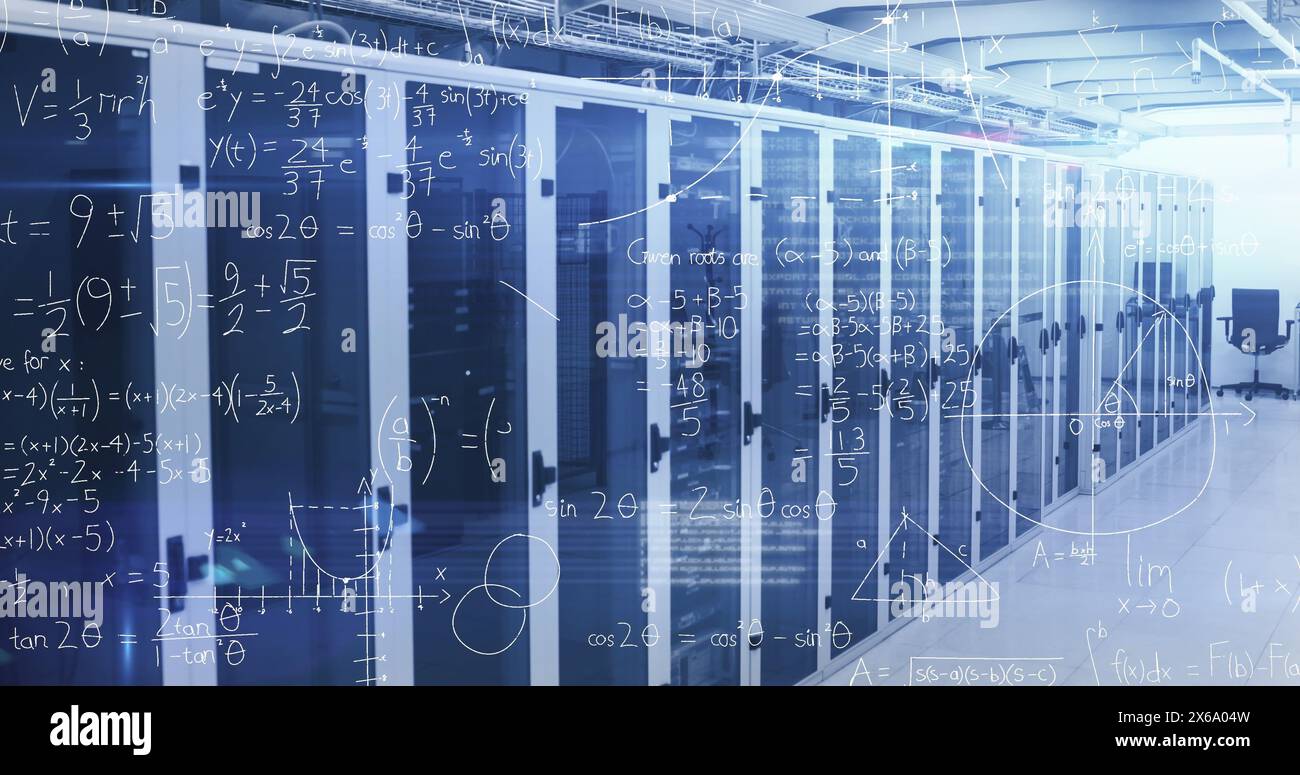 Image of mathematical equation and diagrams over server racks in server ...