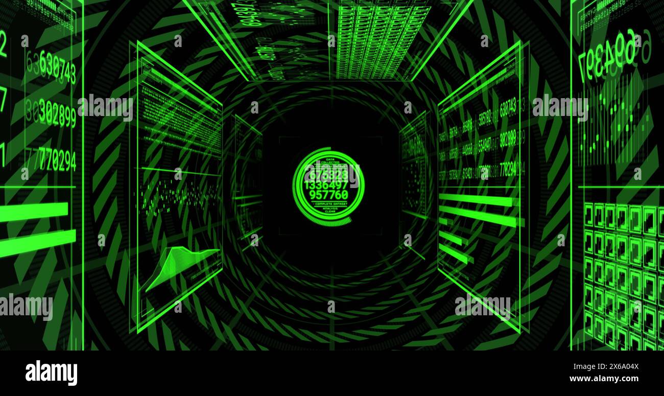 Image of loading circles and bars with changing numbers over circular tunnel on black background ...