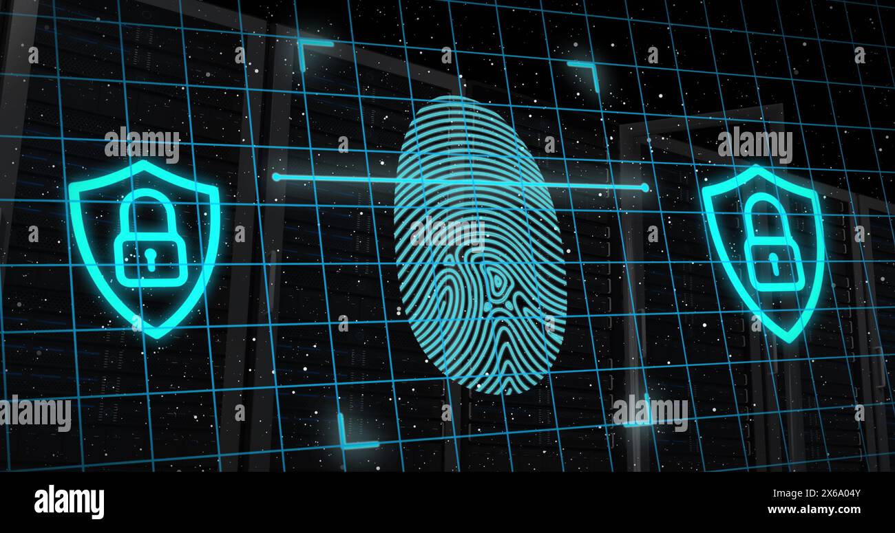 Image of fingerprint and padlock in shield with server racks over space in background Stock ...