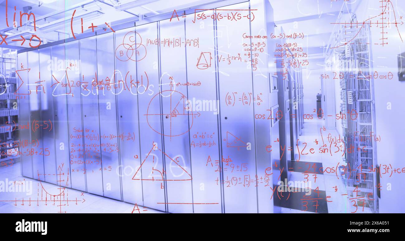 Image of multicolored mathematical equation and diagrams over server ...