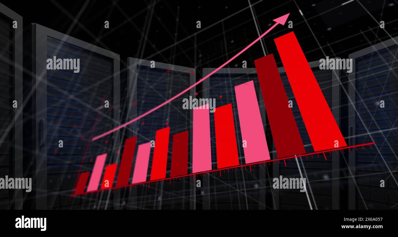 Image of arrow on graph over grid pattern over server system racks in ...