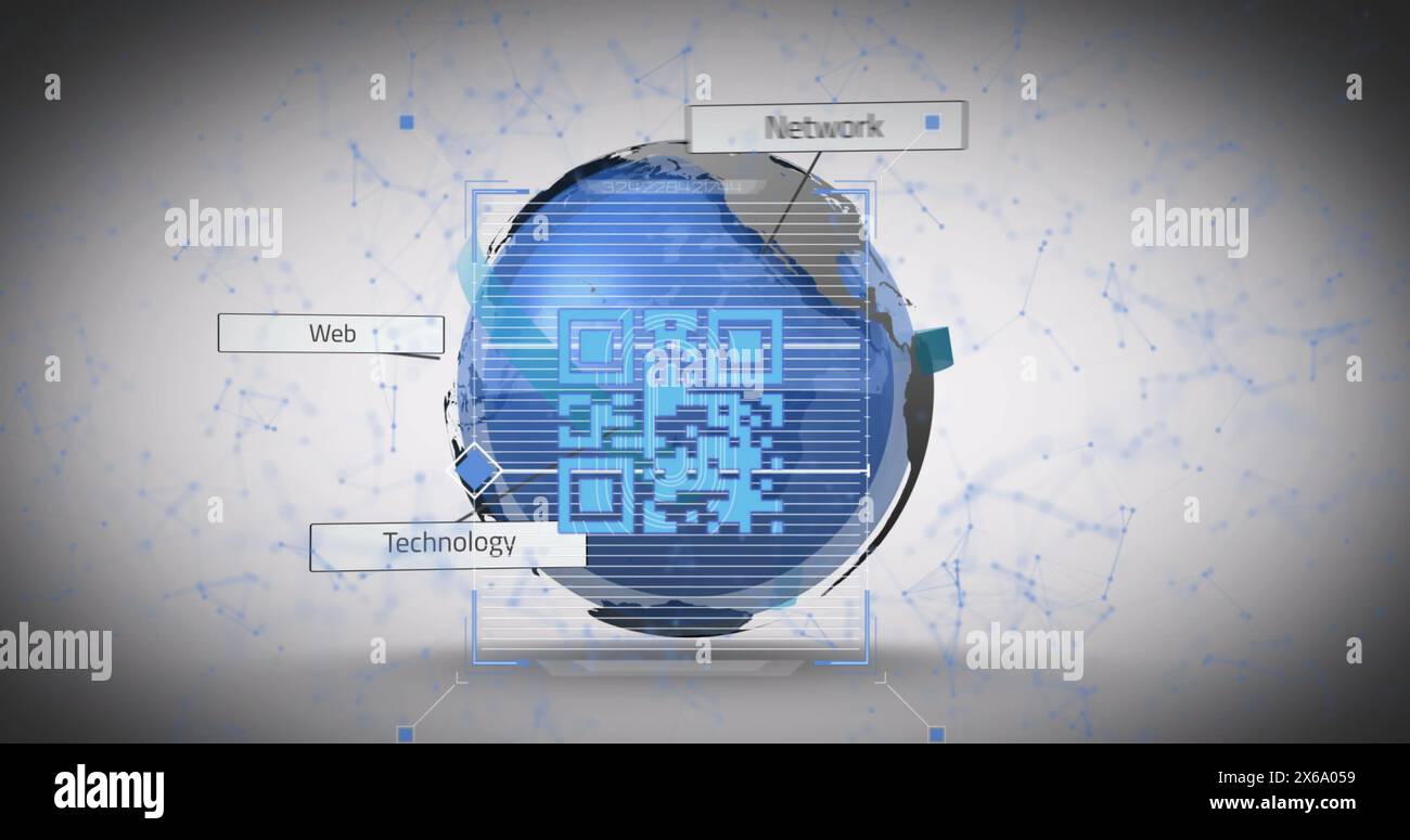 Image of multiple text around rotating globe over connected dots against white background Stock ...