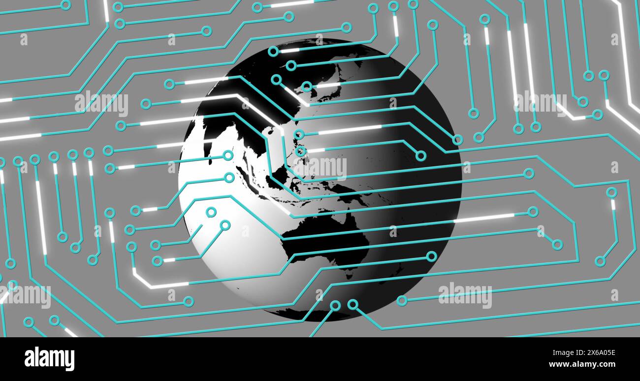 Image of circuit board pattern and rotating globe over gray background Stock Photo - Alamy