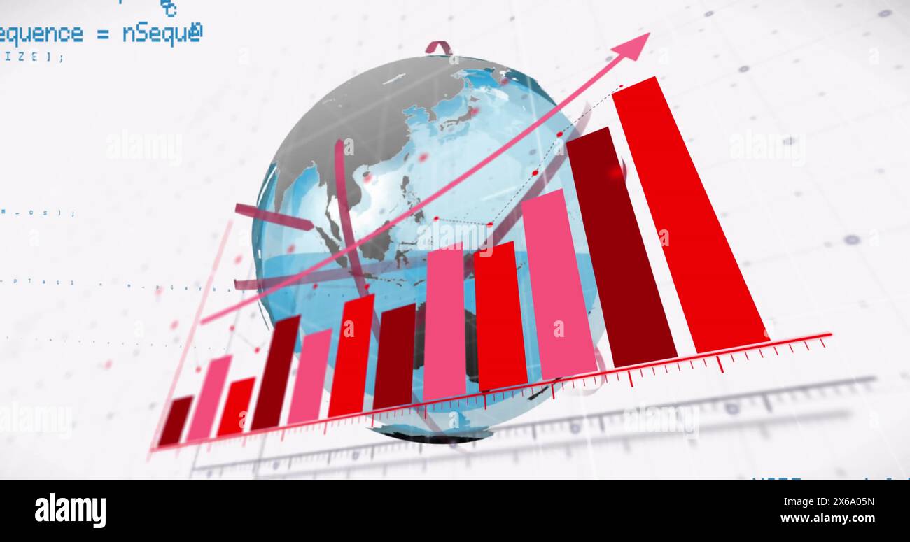 Image of arrow on graph with globe and computer language over white ...
