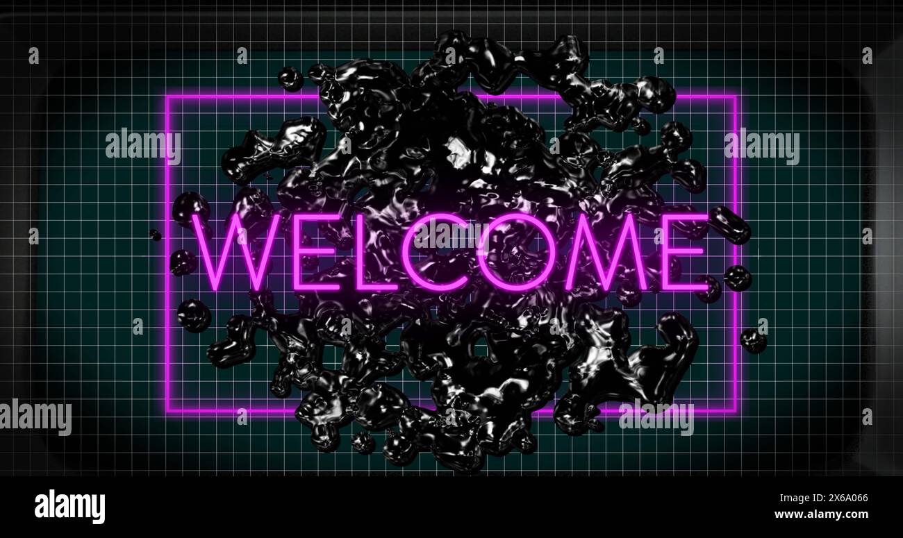Image of neon purple welcome text banner over liquid shape floating ...