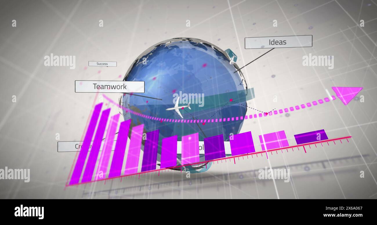 Image of arrow on graph with text in rectangles and flying airplanes ...