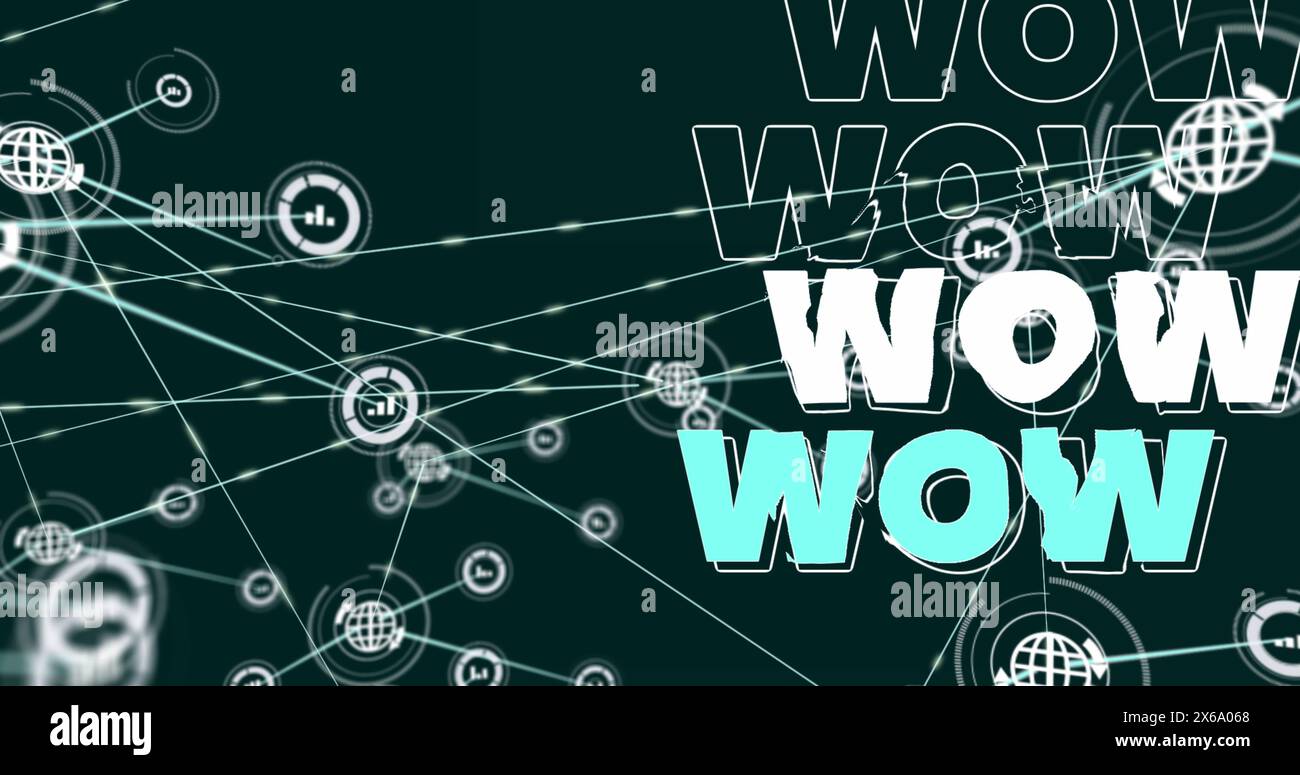 Image of network of digital icons over wow text banner against green ...