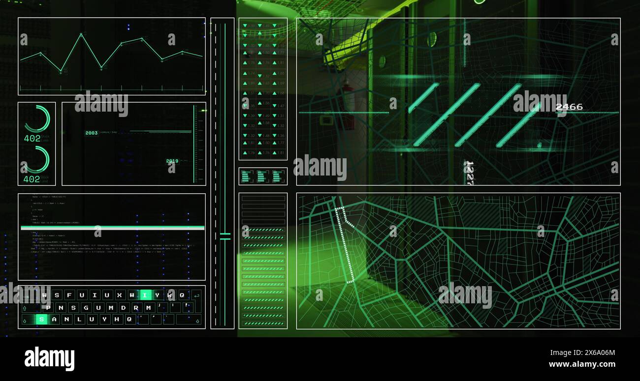 Image of hud screens with map, graphs, programming data over data server room Stock Photo - Alamy