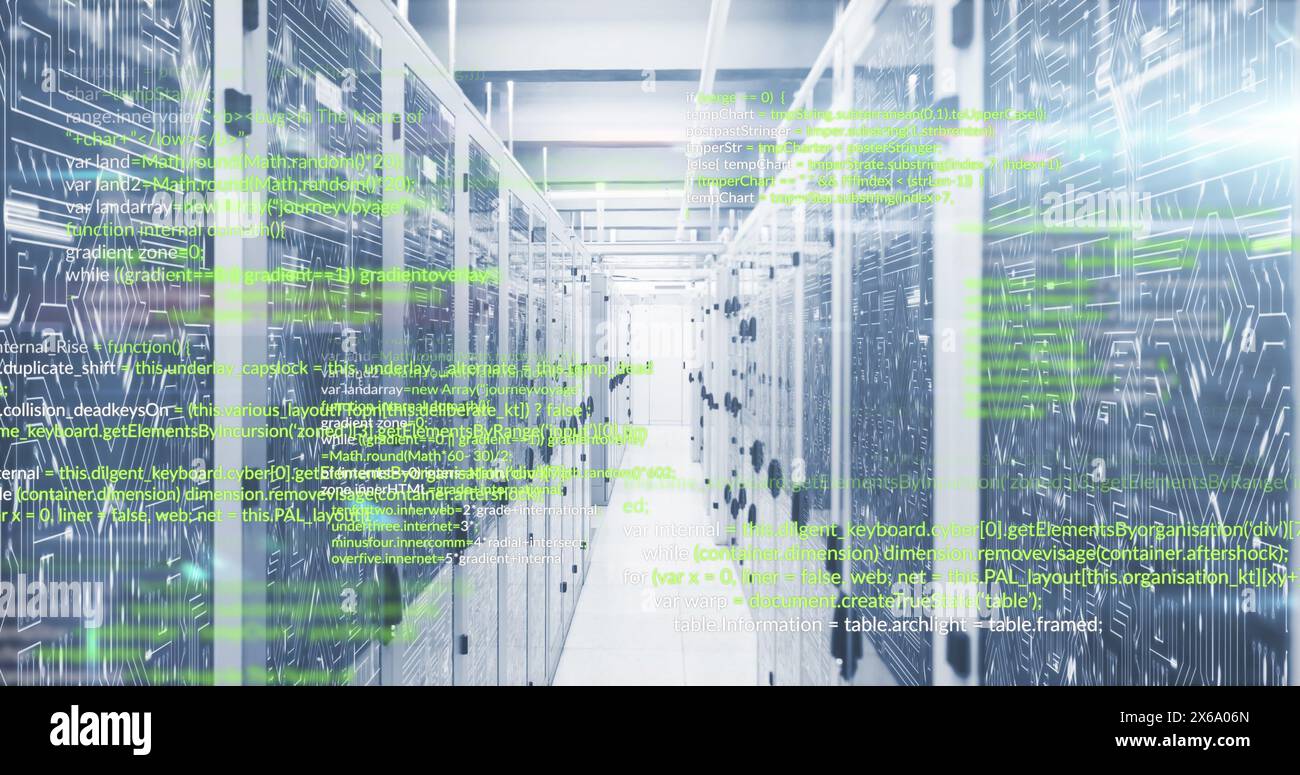 Image of programming languages and illuminated abstract lines moving on data server systems ...