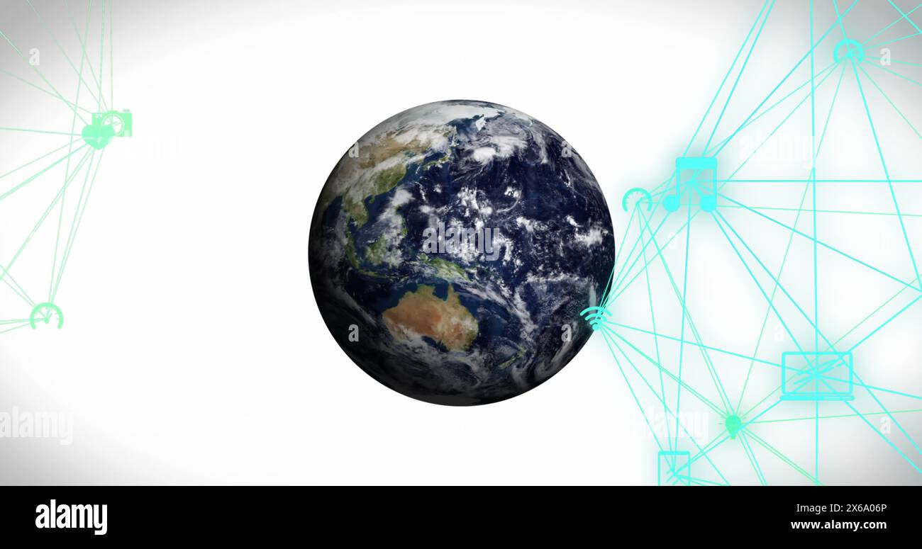 Image of connected icons and rotating globe over white background Stock ... Image of connected icons and rotating globe over white background Stock ...