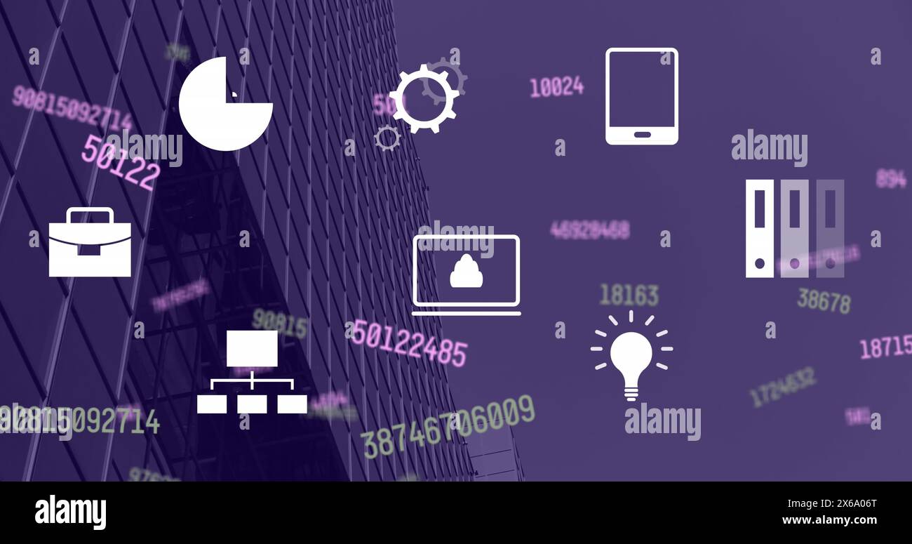 Image of changing numbers and digital icons against low angle view of ...