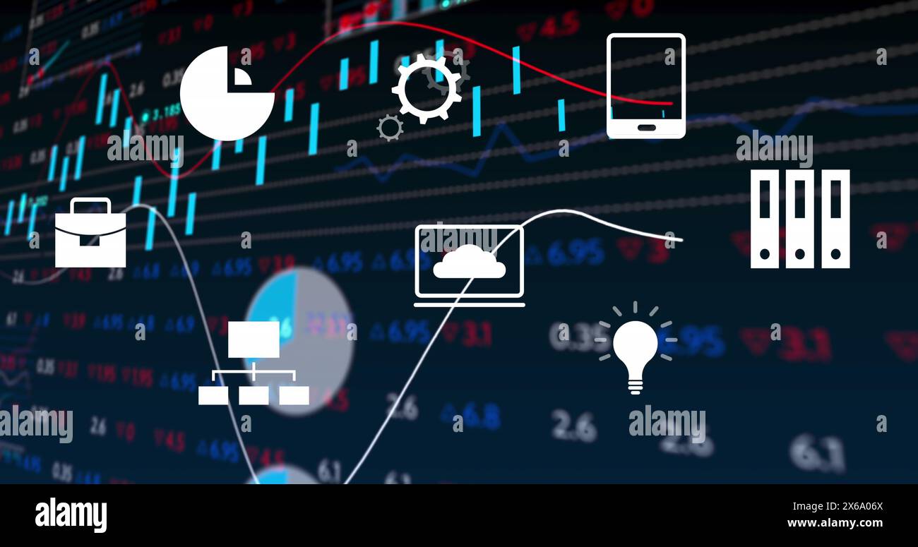 Image Of Digital Icons Over Statistical And Stock Market Data Processing Against Blue Background