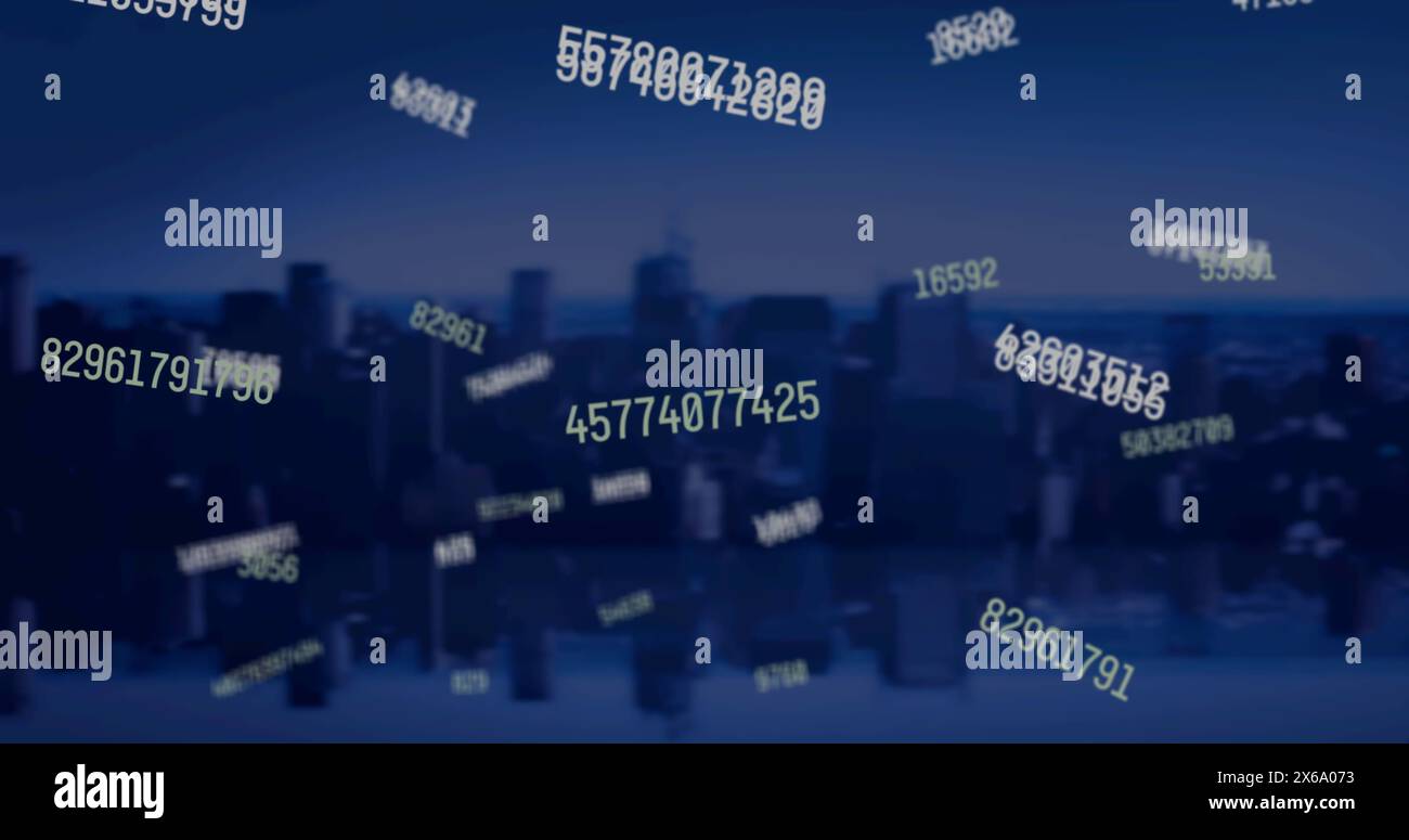 Image of multiple changing numbers against aerial view of cityscape ...