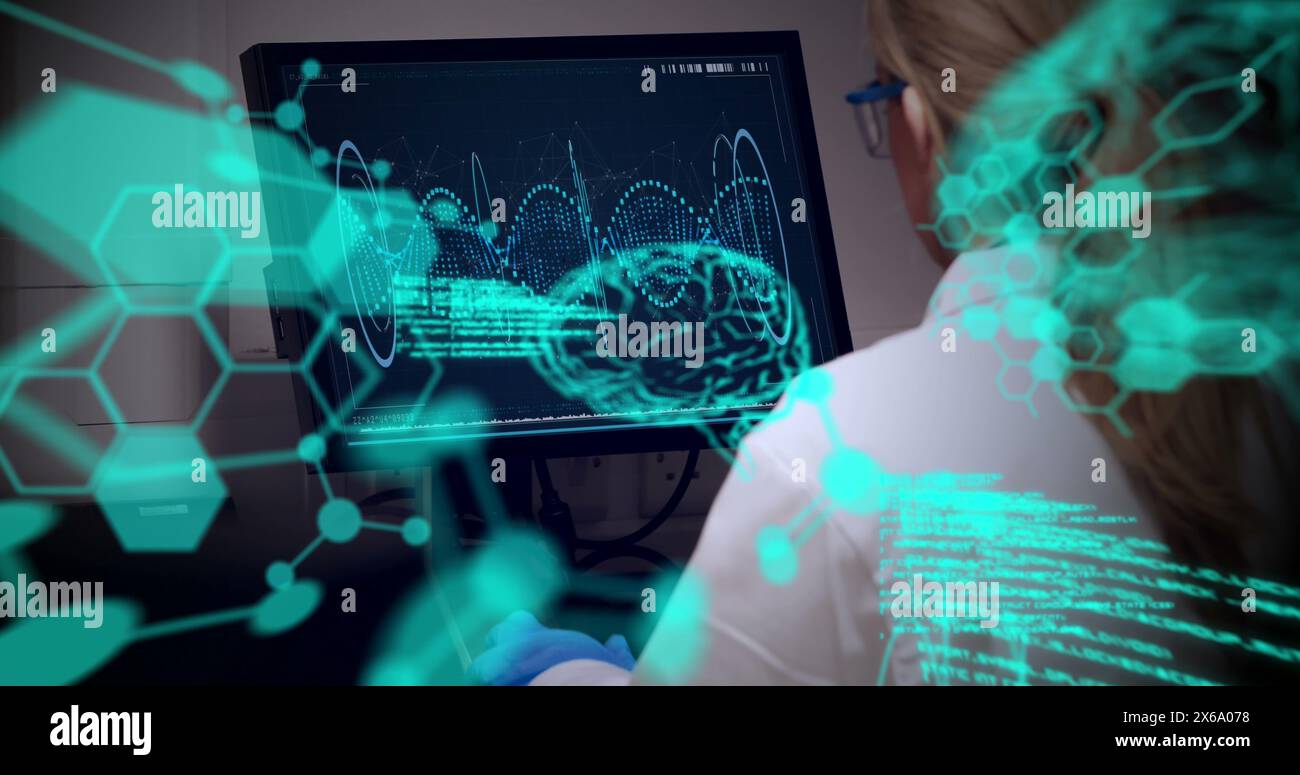 Image of brains, computer language, caucasian female scientist ...