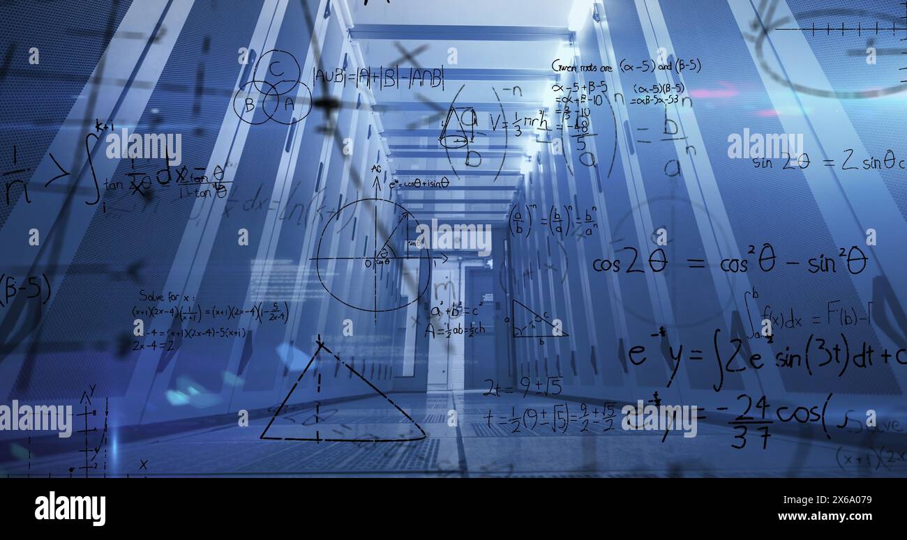 Image of mathematical equations, diagrams and computer language, low angle view of server room ...
