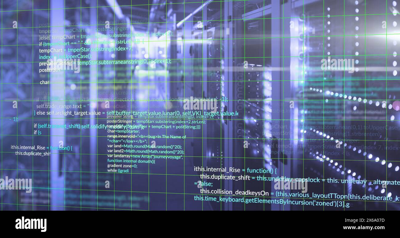 Image of programming languages and grid moving over data server rooms ... Image of programming languages and grid moving over data server rooms ...