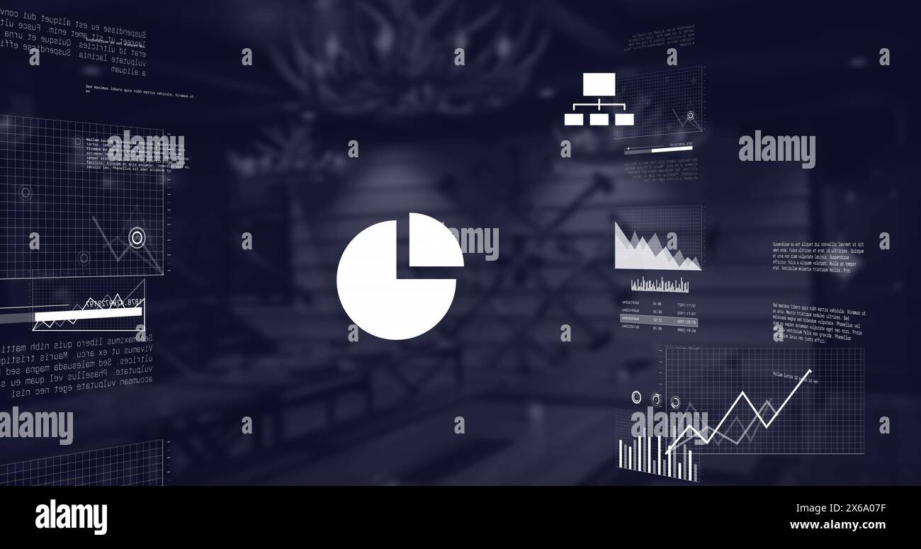Image of multiple graphs, laptop with cloud icon and computer language over abstract pattern ...