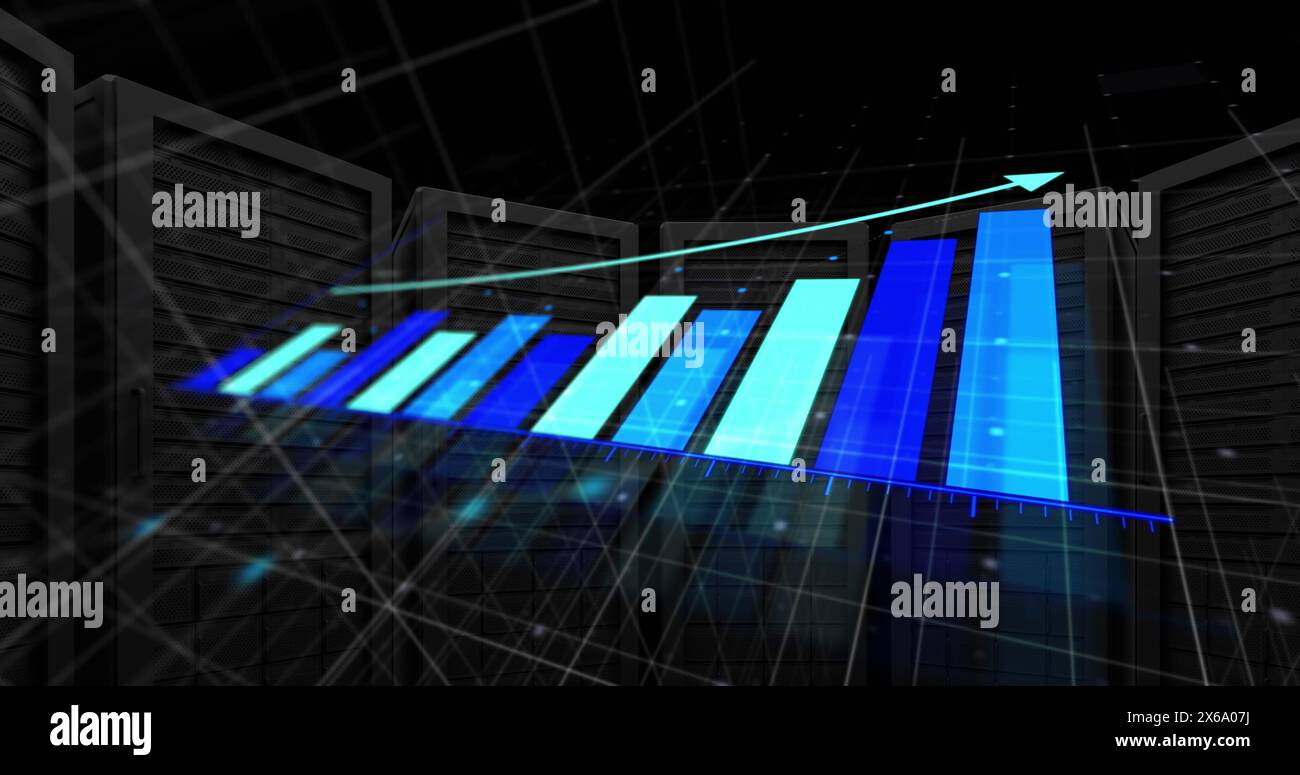 Image of arrow on graph over grid pattern over server system racks in ...