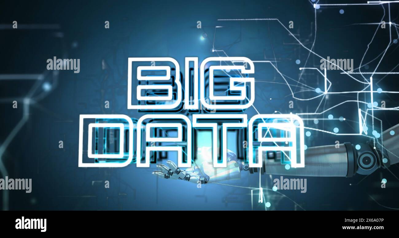 Image of big data text and connected dots with cropped robotic hand in ...