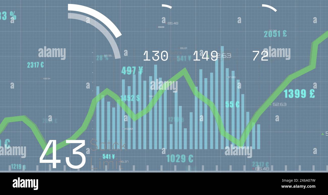 Image of changing numbers with loading circles over graphs against blue background Stock Photo ...