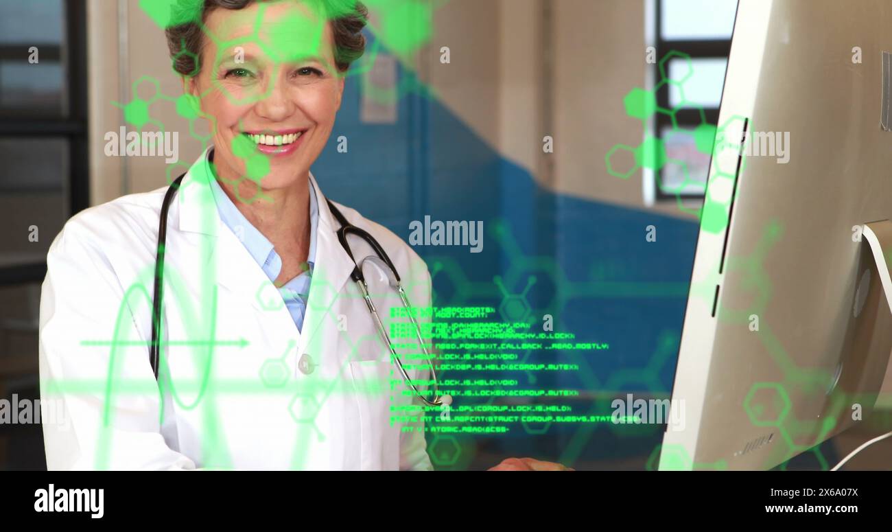 Image of data processing over happy caucasian female doctor using ...