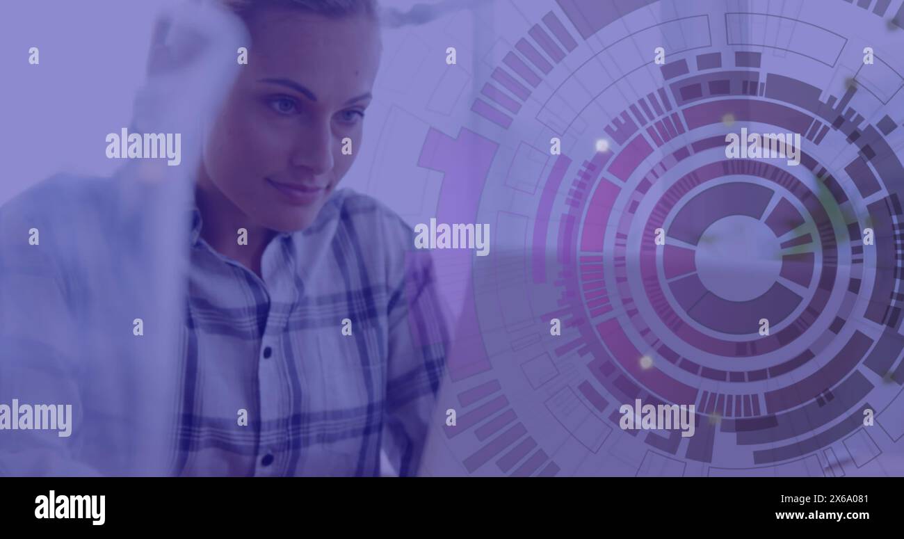 Image of loading circles over caucasian woman sitting on chair and ...